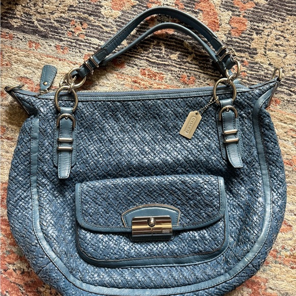 Coach | Bags | Coach Navy Blue Woven Leather Shoulder Bag With Gold ...